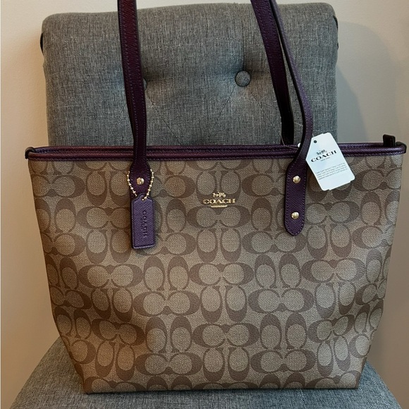 Coach | Bags | Coach Brown And Purple Monogram Tote With Leather ...